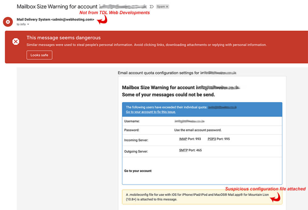 Scam Alert - Mailbox Quota Exceeded - TDL Web Developments